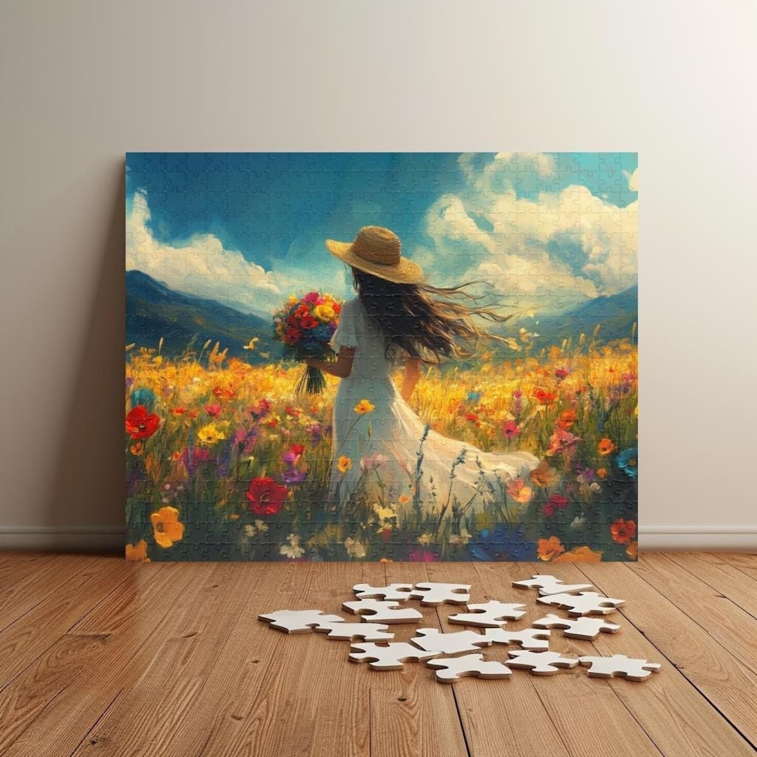 Woman in Floral Field Puzzle - Breathtaking Wildflower Meadow Jigsaw ...