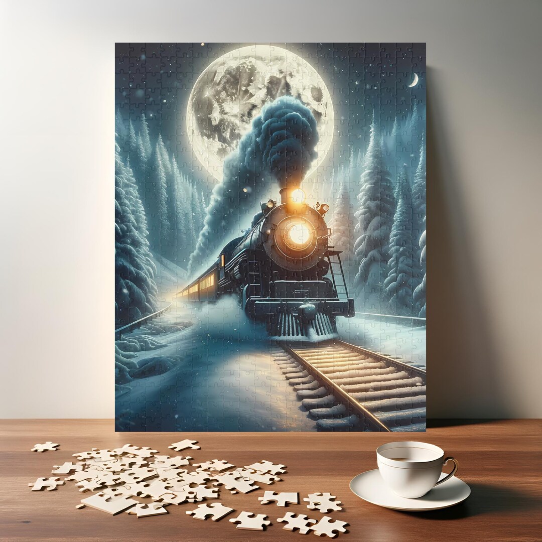 Moonlit Vintage Locomotive Puzzle - Majestic Night Train Jigsaw ...