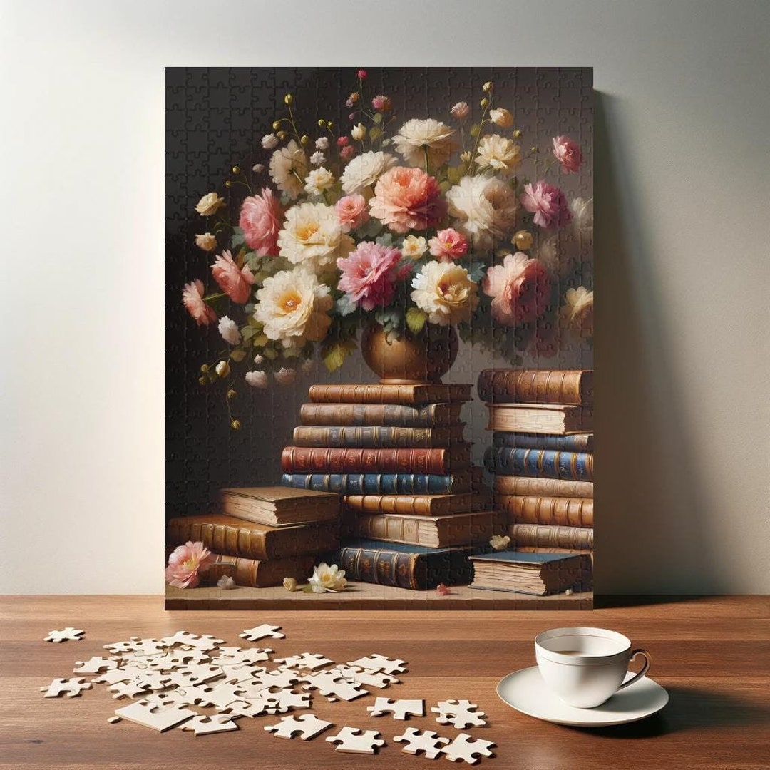 Vintage Books & Blossoms Puzzle - Floral Library Dreamscape - Charming ...
