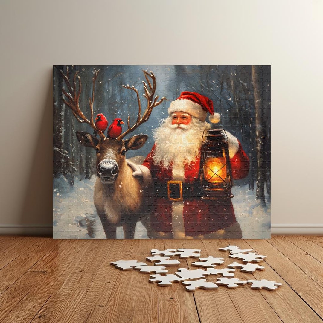 Santa and Reindeer Puzzle - Festive Lantern and Cardinals Winter Scene ...