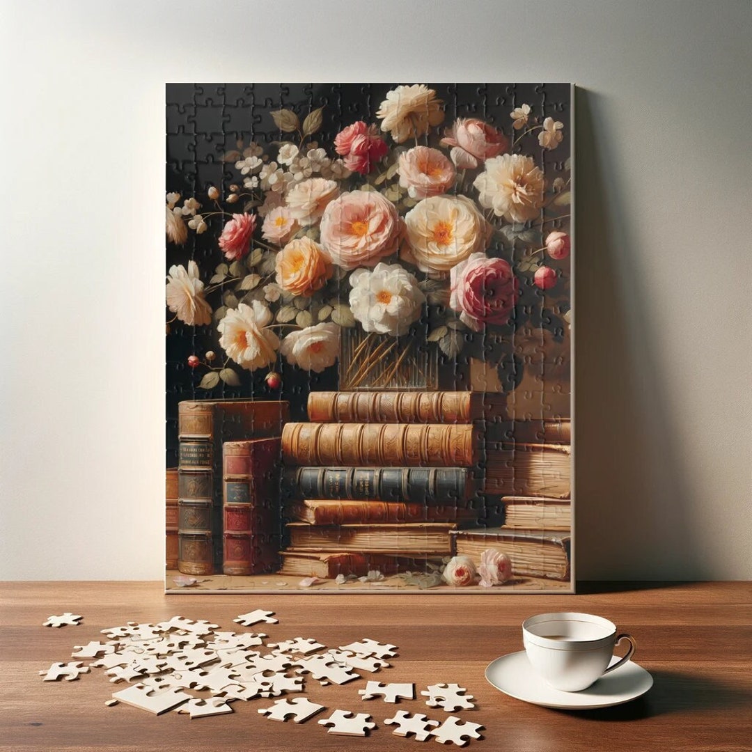Vintage Book Puzzle Vintage Flower Puzzle Floral and Vintage Bookshelf ...