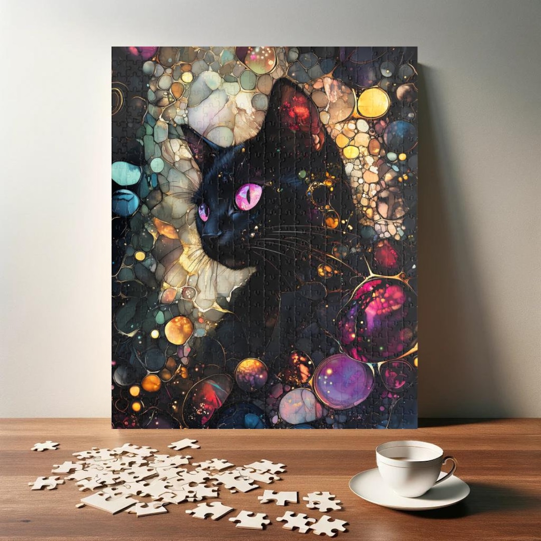 Mystical Black Cat Puzzle - Abstract Stained Glass Art Jigsaw - Gift ...