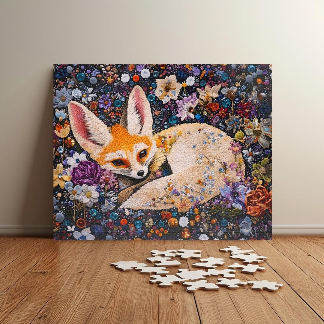 Embroidered Fennec Fox Puzzle - Floral and Gem Wildlife Art Jigsaw ...