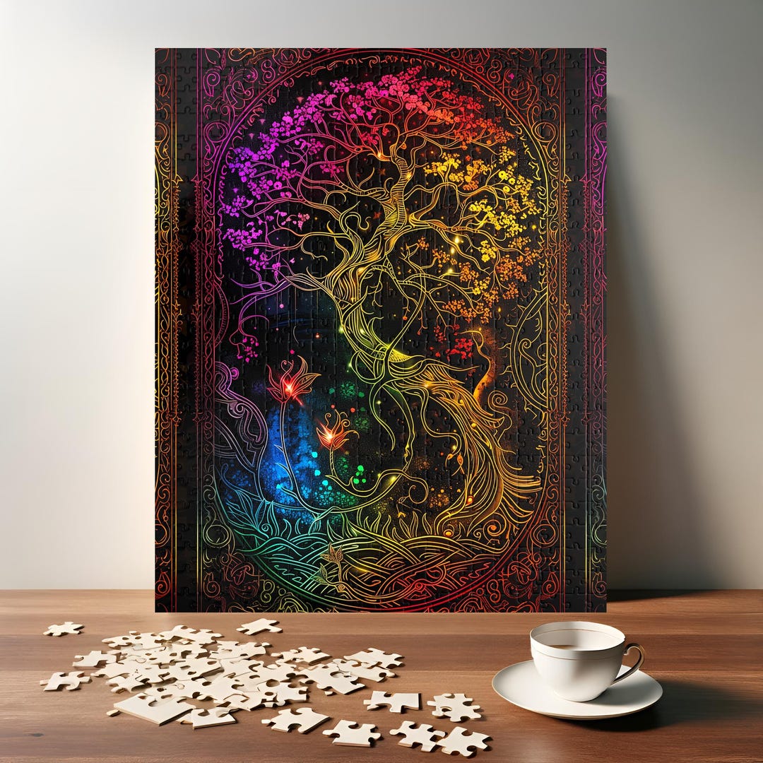 Stained Glass Rainbow Tree of Life Puzzle - Neon Scratch Art Jigsaw ...