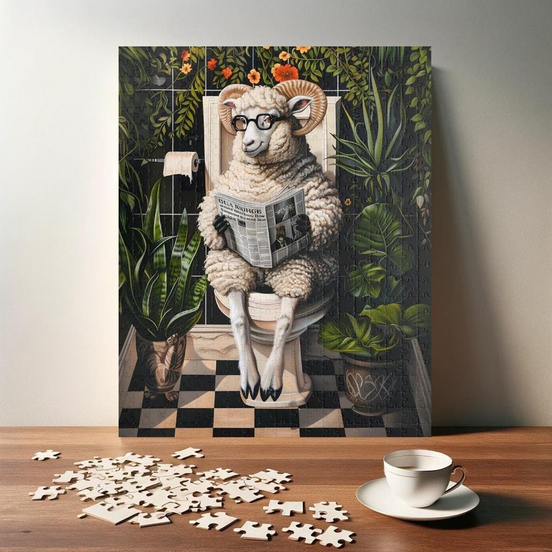 Sheep Bathroom Break Puzzle - Humorous Quirky Ram Jigsaw - Perfect Gift ...