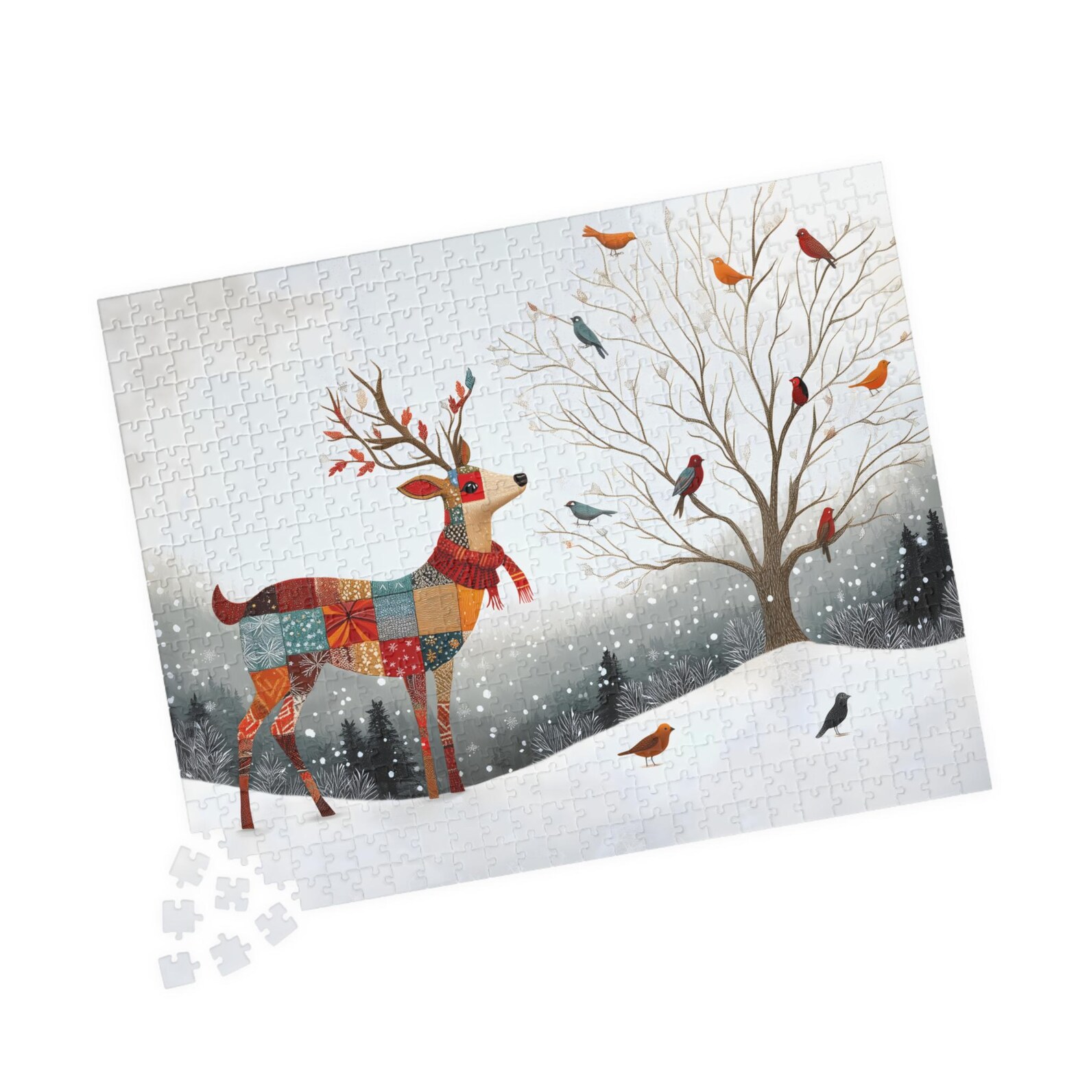 Patchwork Reindeer Puzzle - Whimsical Winter Forest Art Jigsaw ...