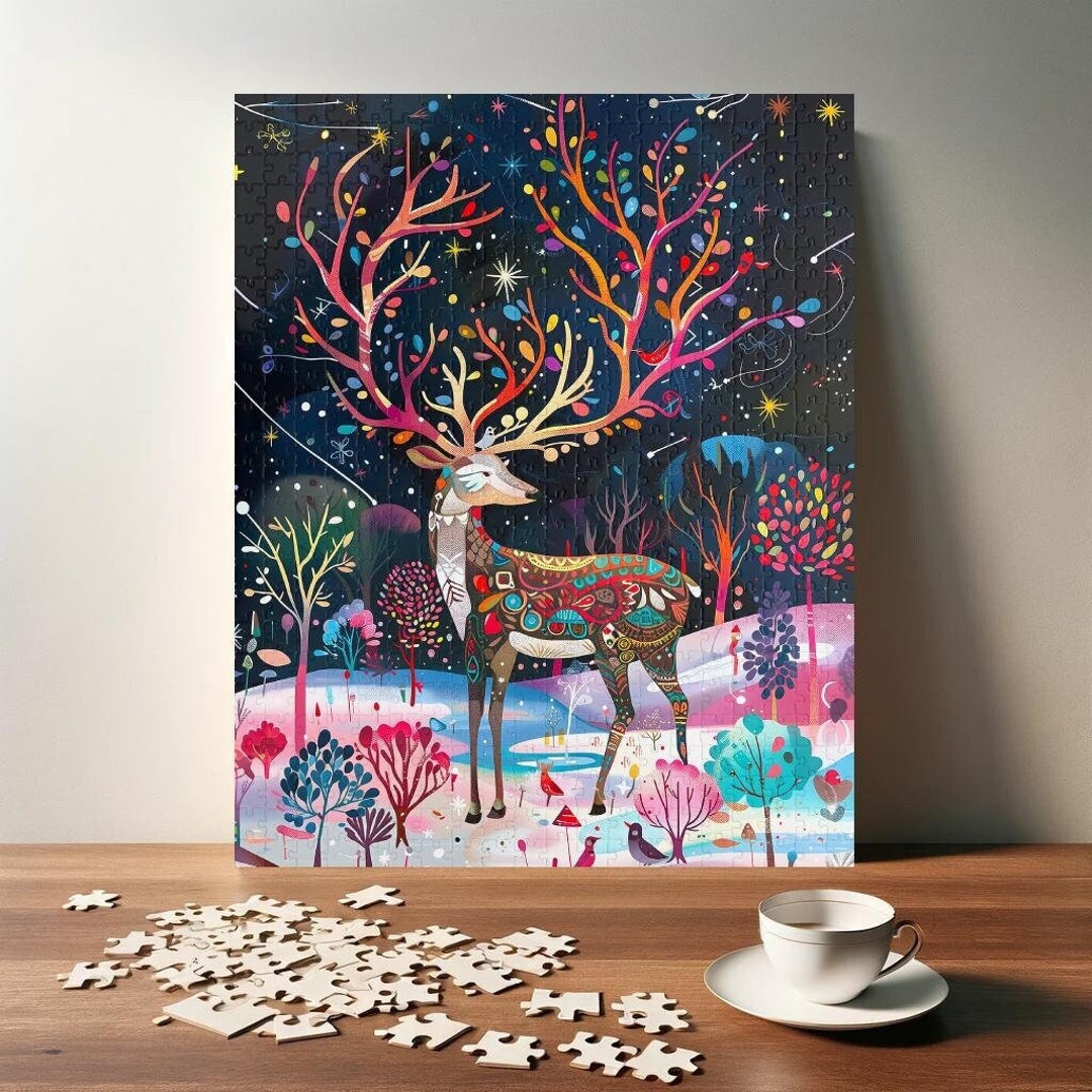 Starry Sky Deer Puzzle - Colorful Forest and Magical Winter Jigsaw ...