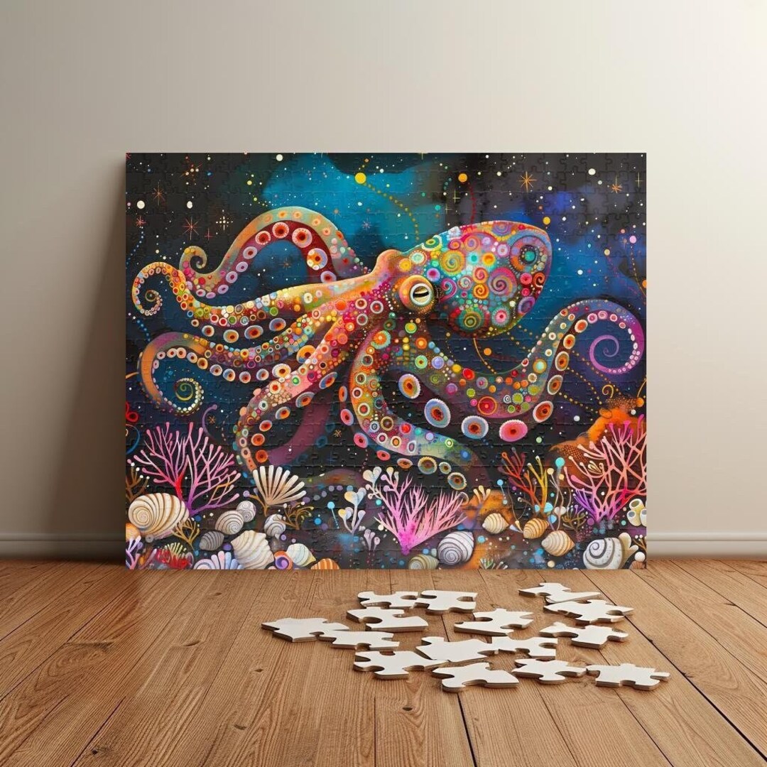 Starry Night Octopus Puzzle - Vibrant Underwater Squid Jigsaw - Gift ...