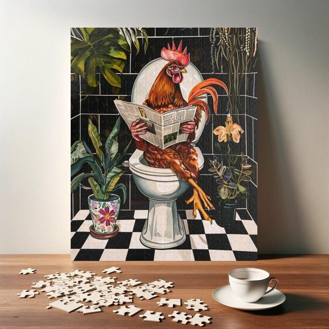 Quirky Rooster Bathroom Break Puzzle - Humorous Chicken Jigsaw ...