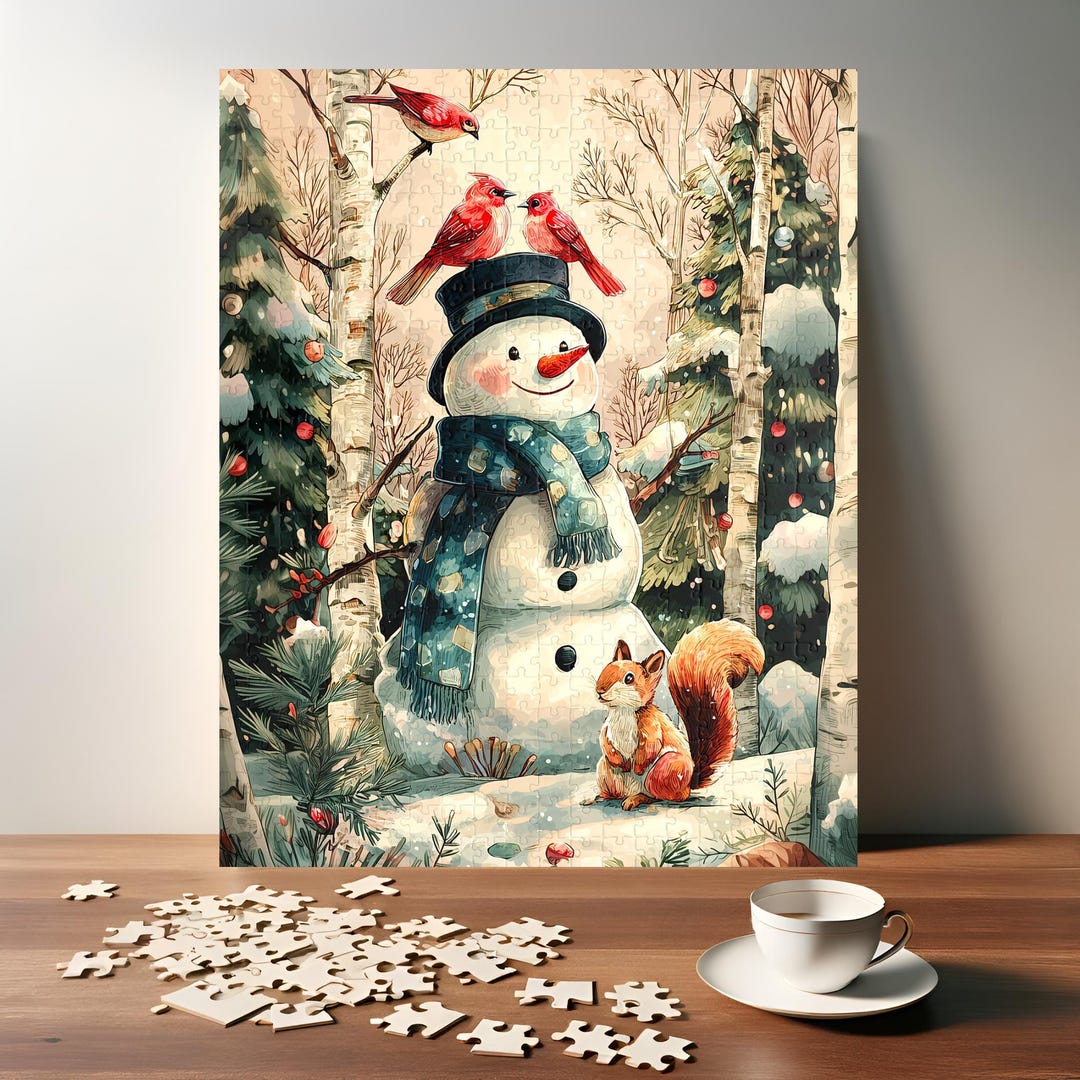 Woodland Snowman Puzzle - Cozy Forest Scene With Cardinals and Squirrel ...