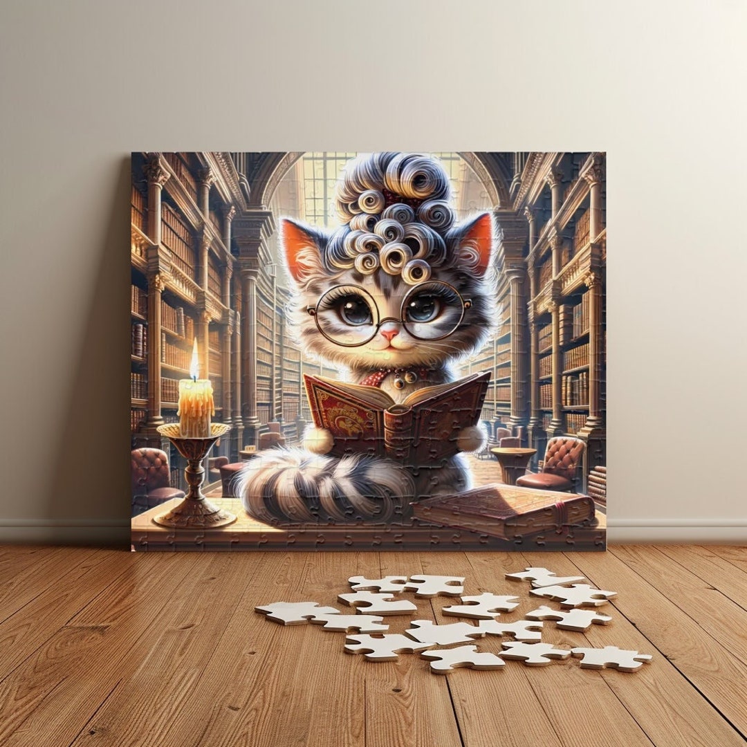 Scholar Cat in Library Puzzle - Adorable Kitten With Glasses Jigsaw ...