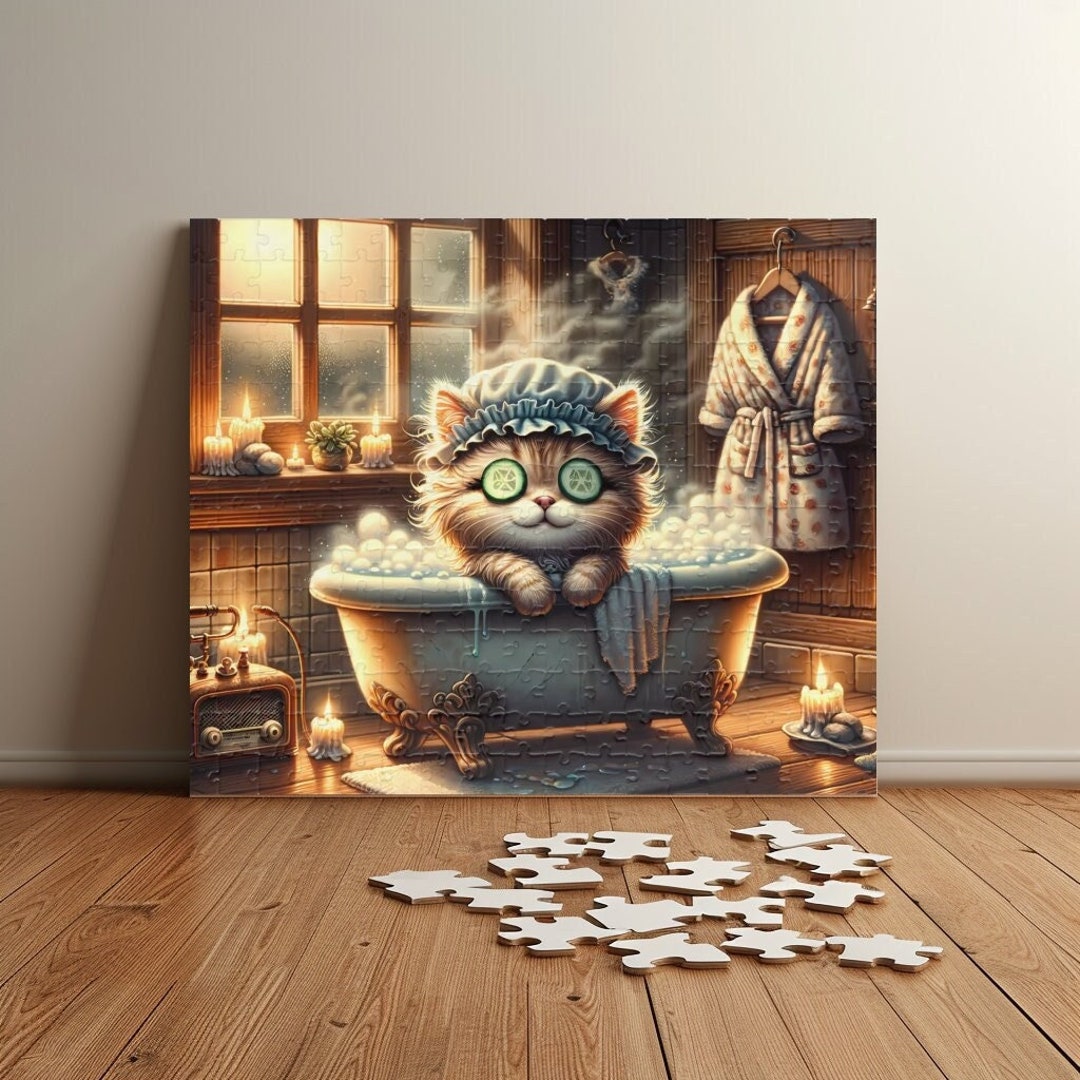 Cozy Spa Day Cat Puzzle - Relaxing Bath Time With Candles Jigsaw ...