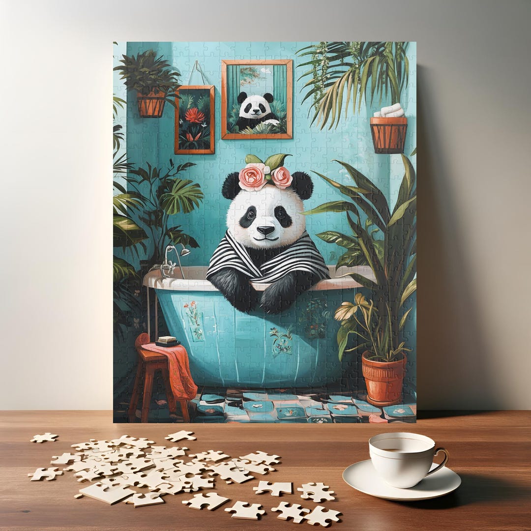 Quirky Panda Bathtub Puzzle - Humorous Animal and Floral Jigsaw - Gift ...