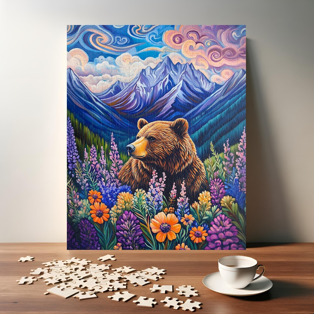 Majestic Grizzly Bear Puzzle - Wildflowers and Mountain Wilderness ...