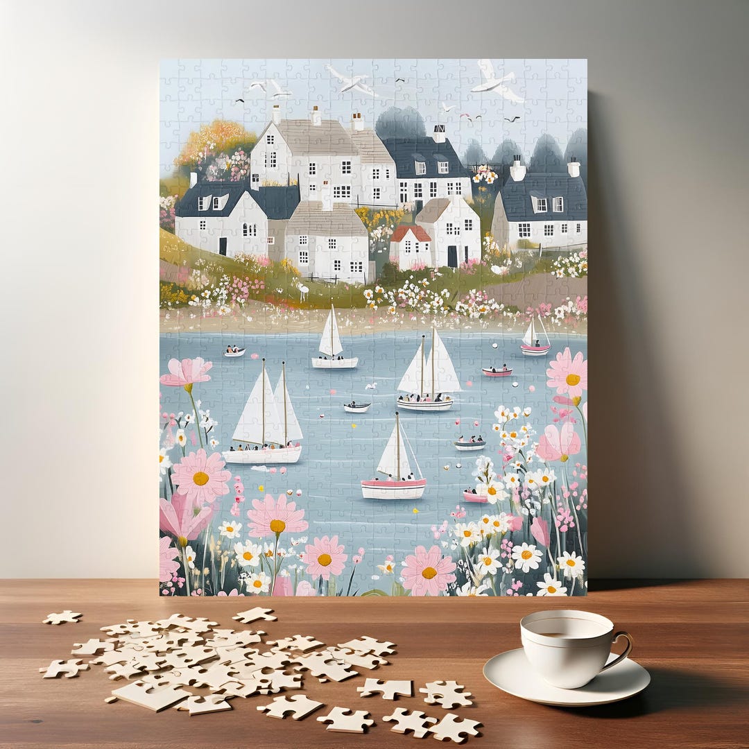 Charming Coastal Village Puzzle - Sailboats and Floral Harbor Jigsaw ...