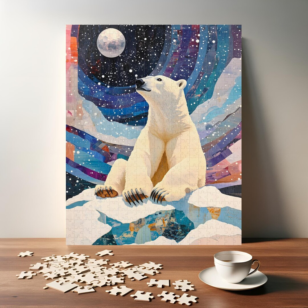 Majestic Polar Bear Puzzle - Arctic Night Sky and Ice Landscape Jigsaw ...