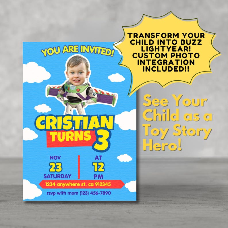 Custom Toy Story Buzz Lightyear Birthday Invitation | Change Face to ...
