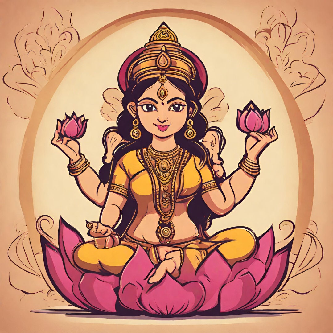 Cartoon Lakshmi Hindu Mother Goddess of Prosperity Image Bundle of Four ...