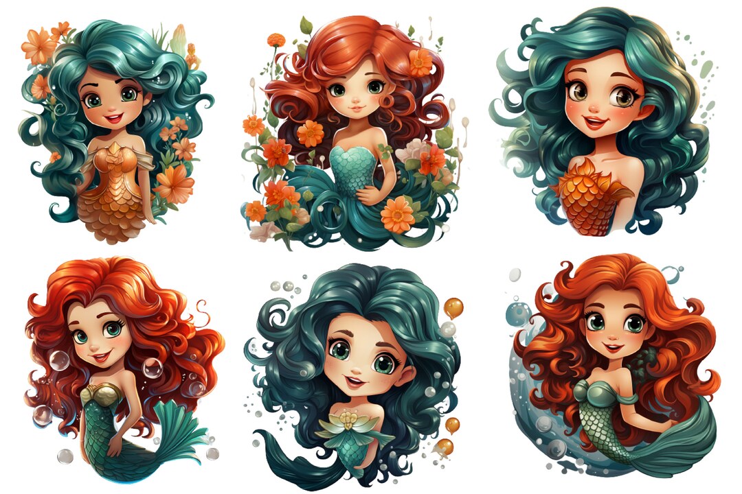 Mermaid Bundle Png, Mermaid Clipart, Mermaid Watercolor Png, Cute Sea ...