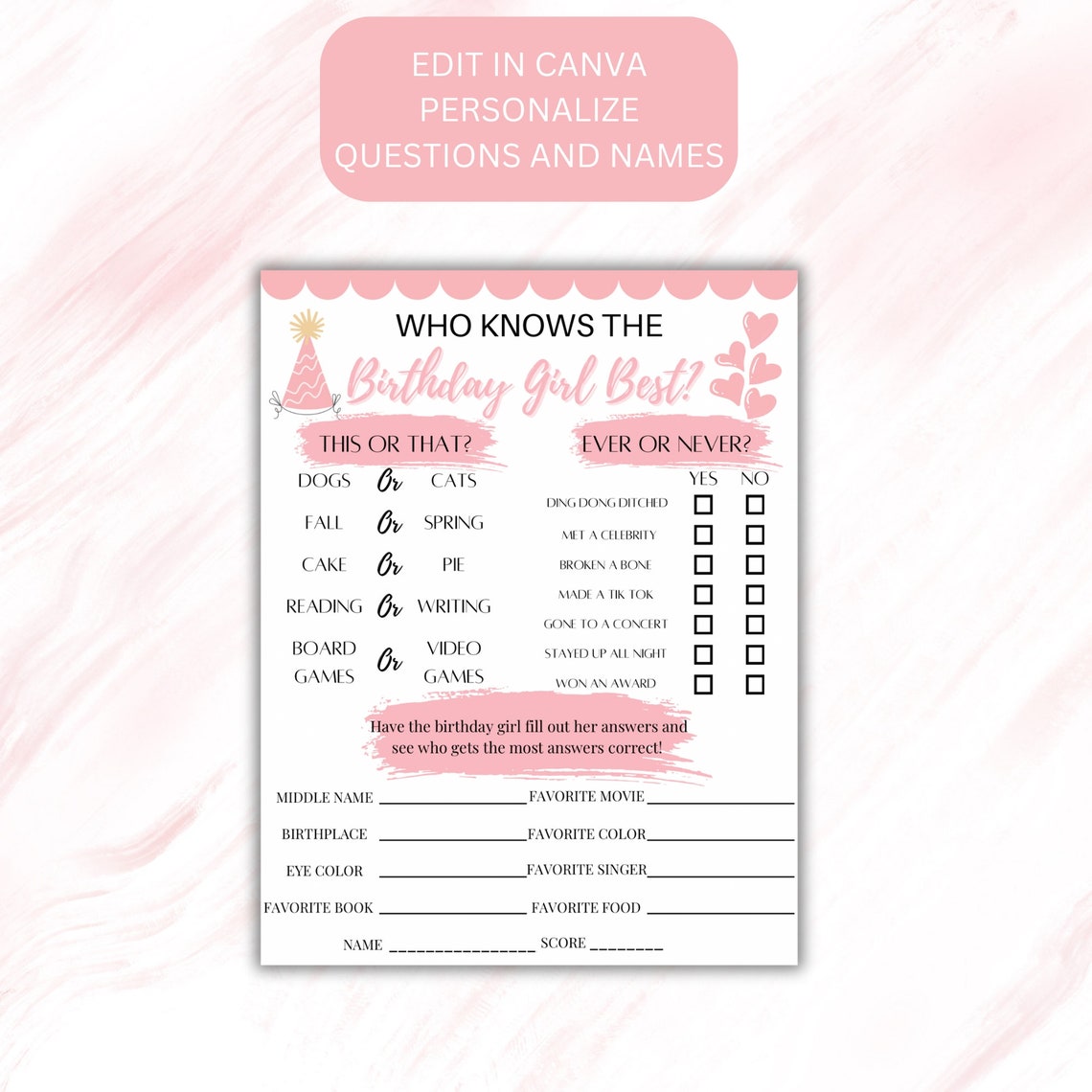 Who Knows the Birthday Girl Best, Editable Printable Pink Birthday Game ...