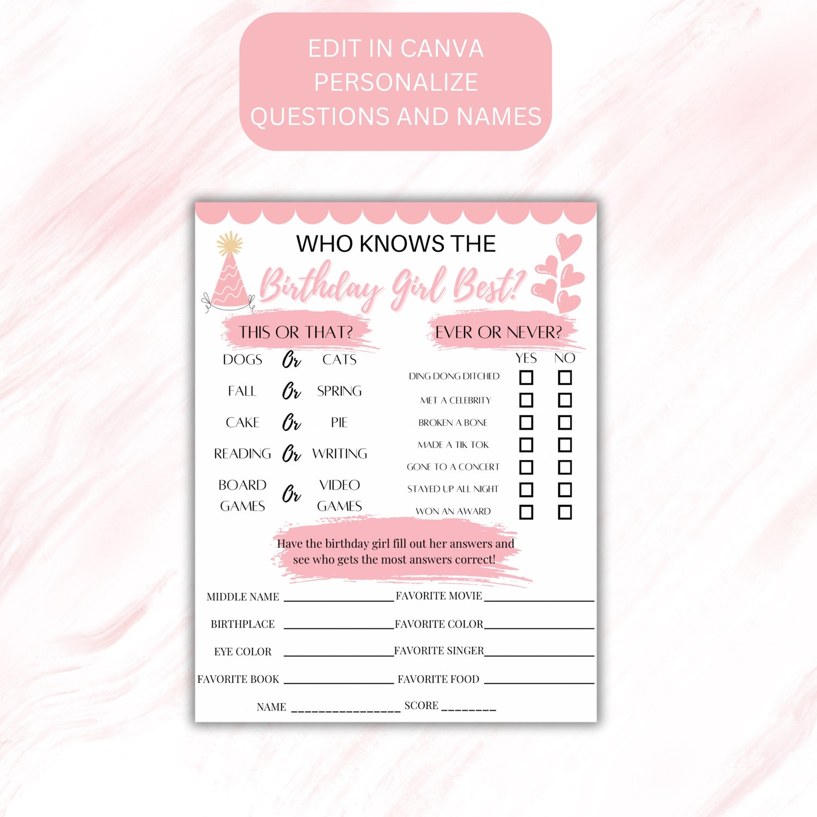 Who Knows the Birthday Girl Best, Editable Printable Pink Birthday Game ...
