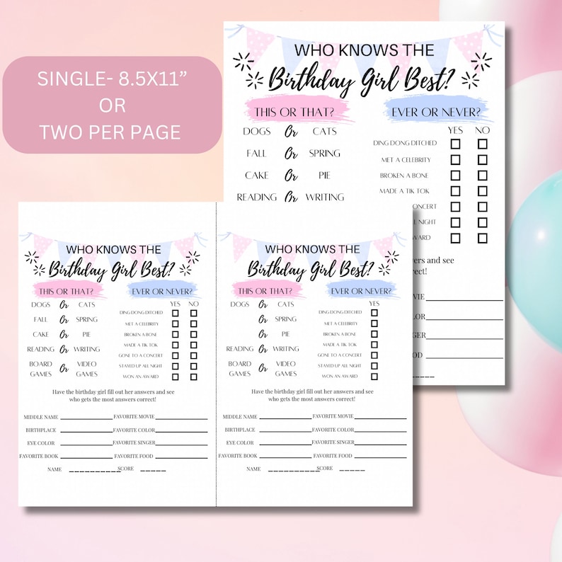 Birthday Girl Trivia Game: Pink & Blue Party Quiz (digital Download) - Etsy