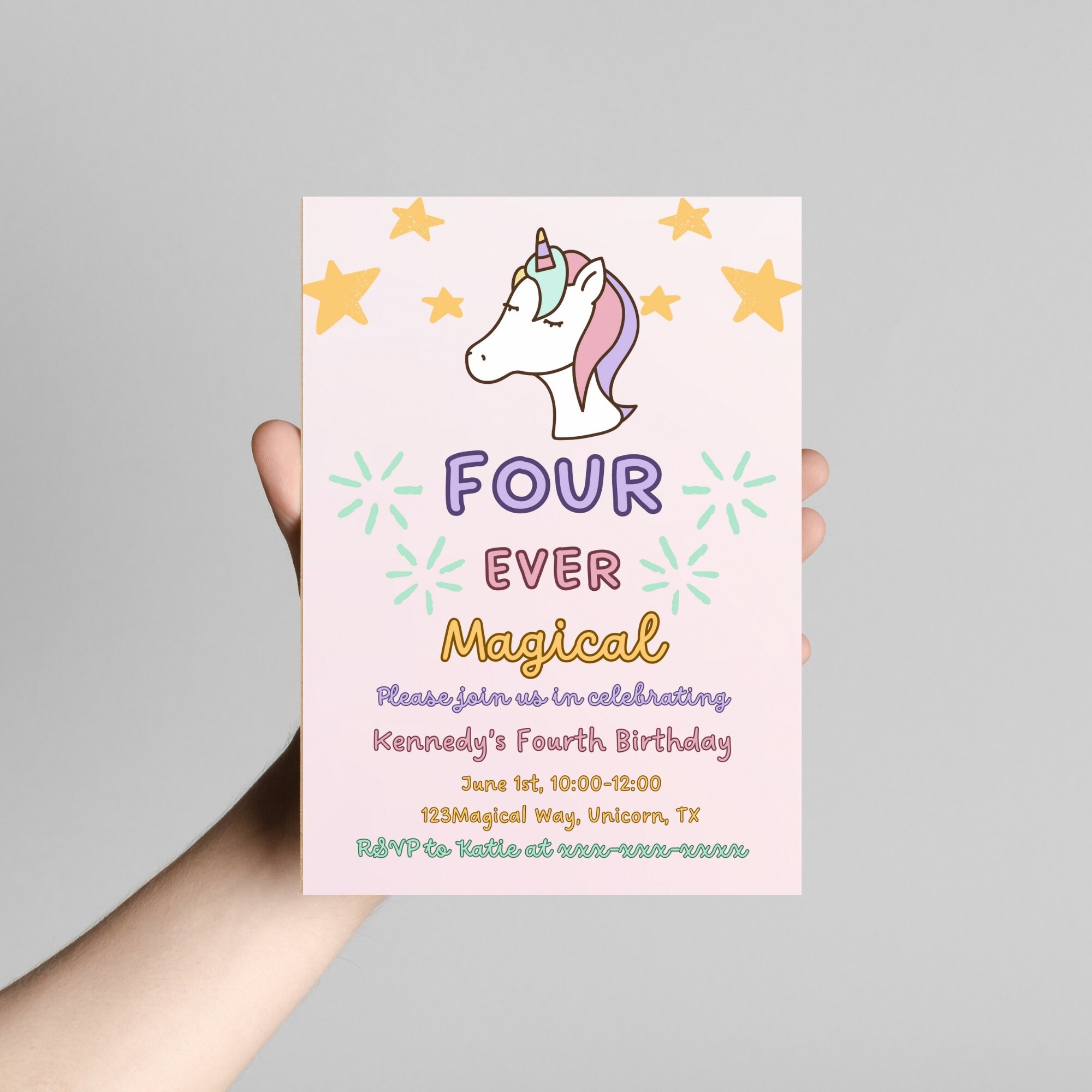 Editable Four Birthday Invitation Horse Unicorn Birthday Invitation ...
