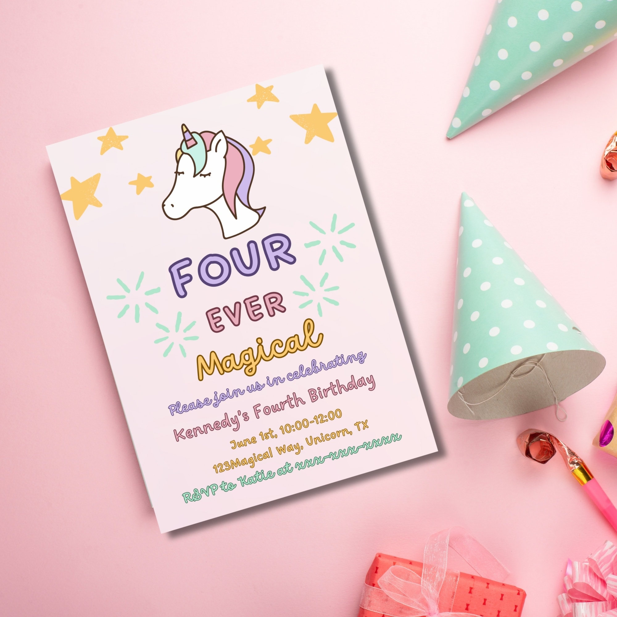 Unicorn 4th Birthday Invitation: Four Ever Magical Party (digital ...