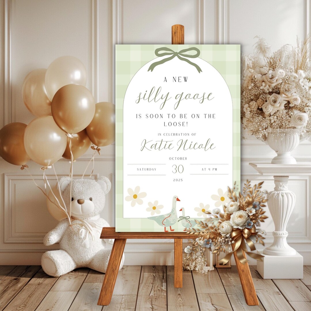 Gender Neutral Gingham Goose Baby Shower Welcome Sign Mother Goose Baby ...