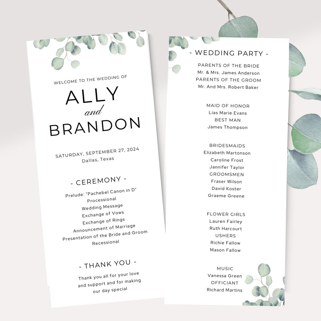 Eucalyptus Wedding Program, Wedding Program Template, Personalized Wedding Program, Instant ...