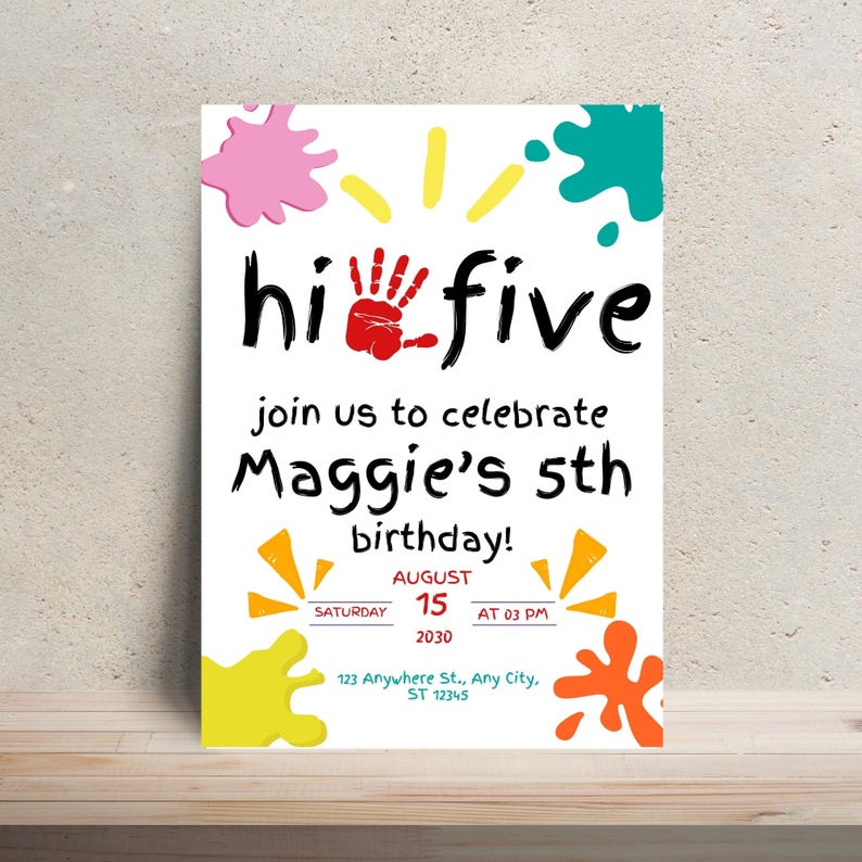 Hi-five 5th Birthday Invitation: Modern Colorful Party (canva Template ...