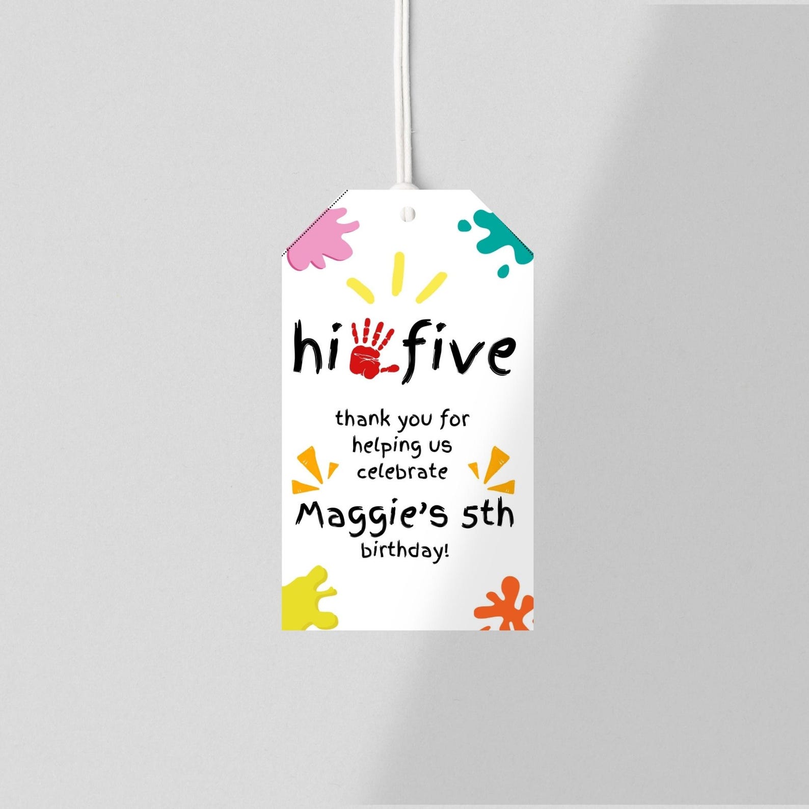 Hi-five 5th Birthday Thank You Tag: Colorful Canva Template (instant ...