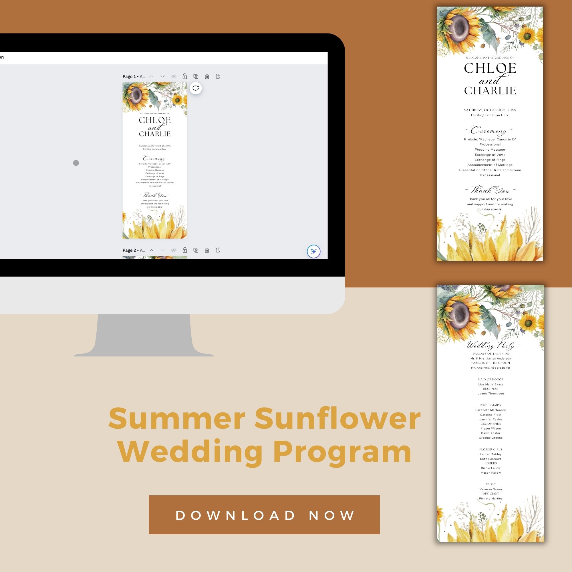 Sunflower Wedding Program, Yellow Wedding Template Digital ...