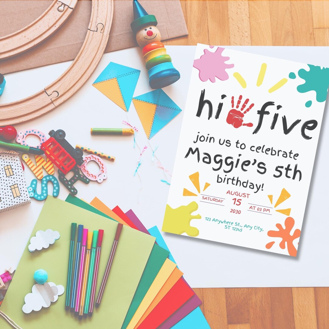 Hi-five 5th Birthday Invitation: Modern Colorful Party (canva Template ...