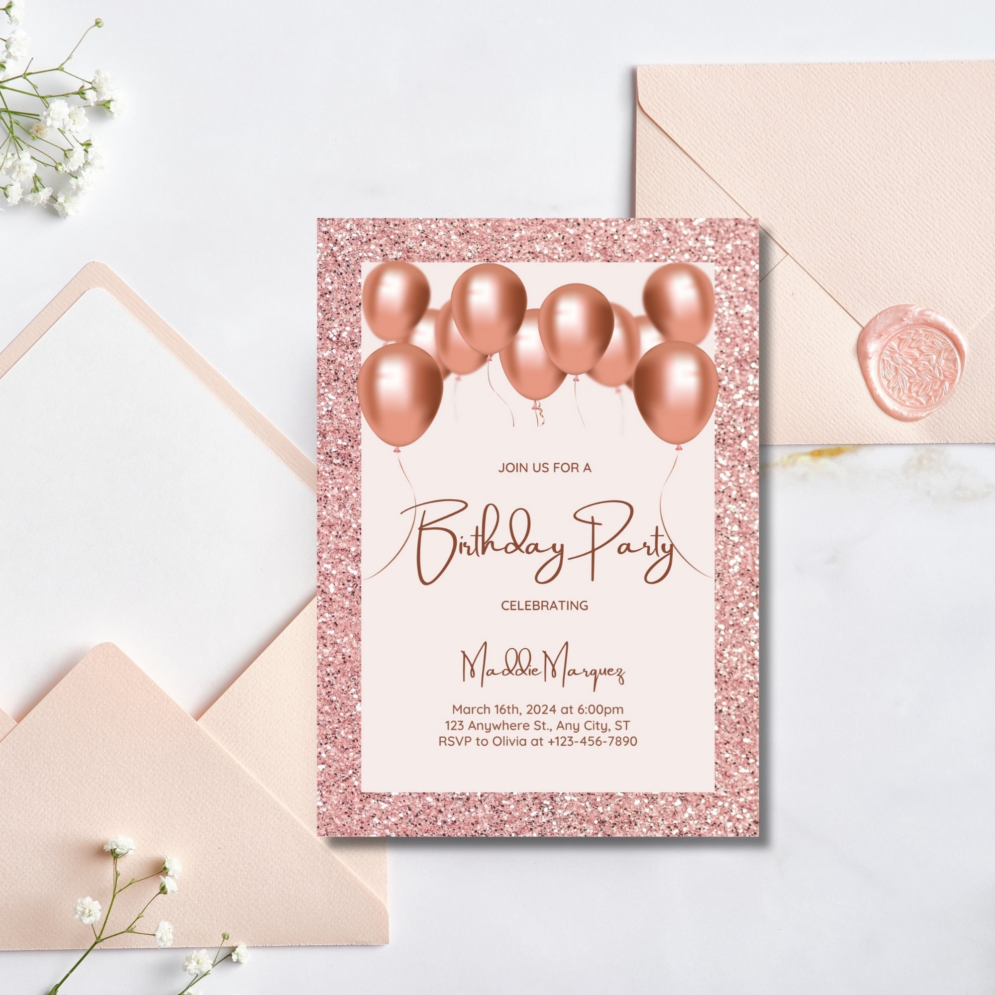 Rose Gold Birthday Invitation Template: Editable Balloon Design ...