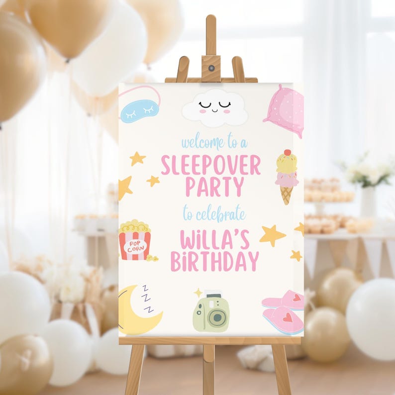 Editable Sleepover Birthday Welcome Sign: Pajama Party Poster (digital ...