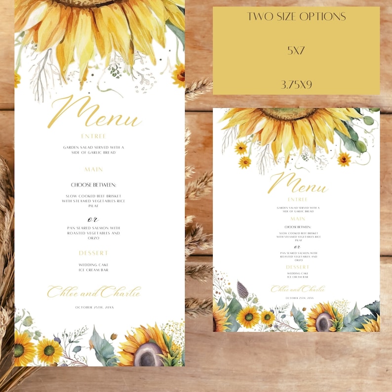 Sunflower Wedding Menu, Wedding Template Menu, Rustic Wedding, Canva ...