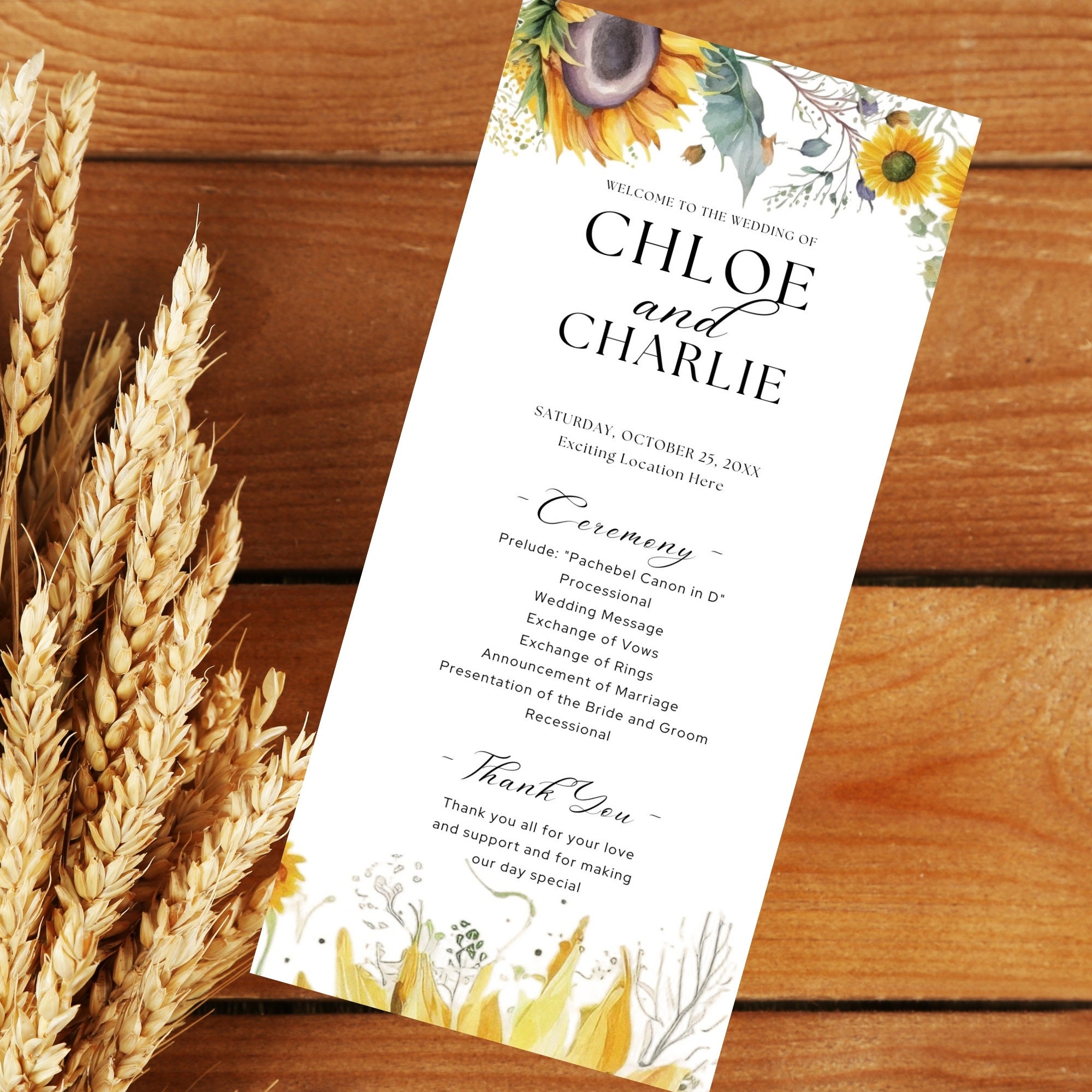 Sunflower Wedding Program, Yellow Wedding Template Digital ...