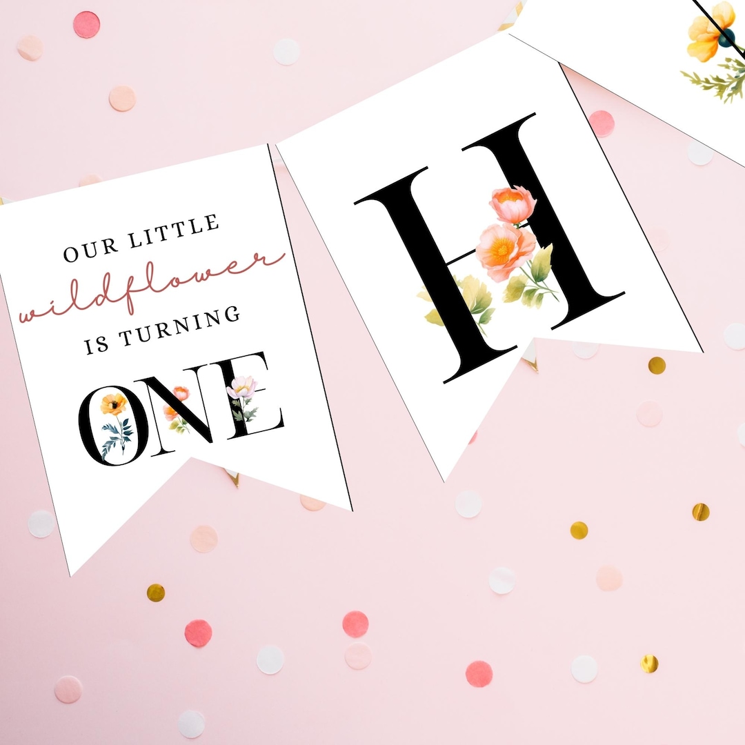 Wildflower First Birthday Banner Template: Editable Floral Bunting ...