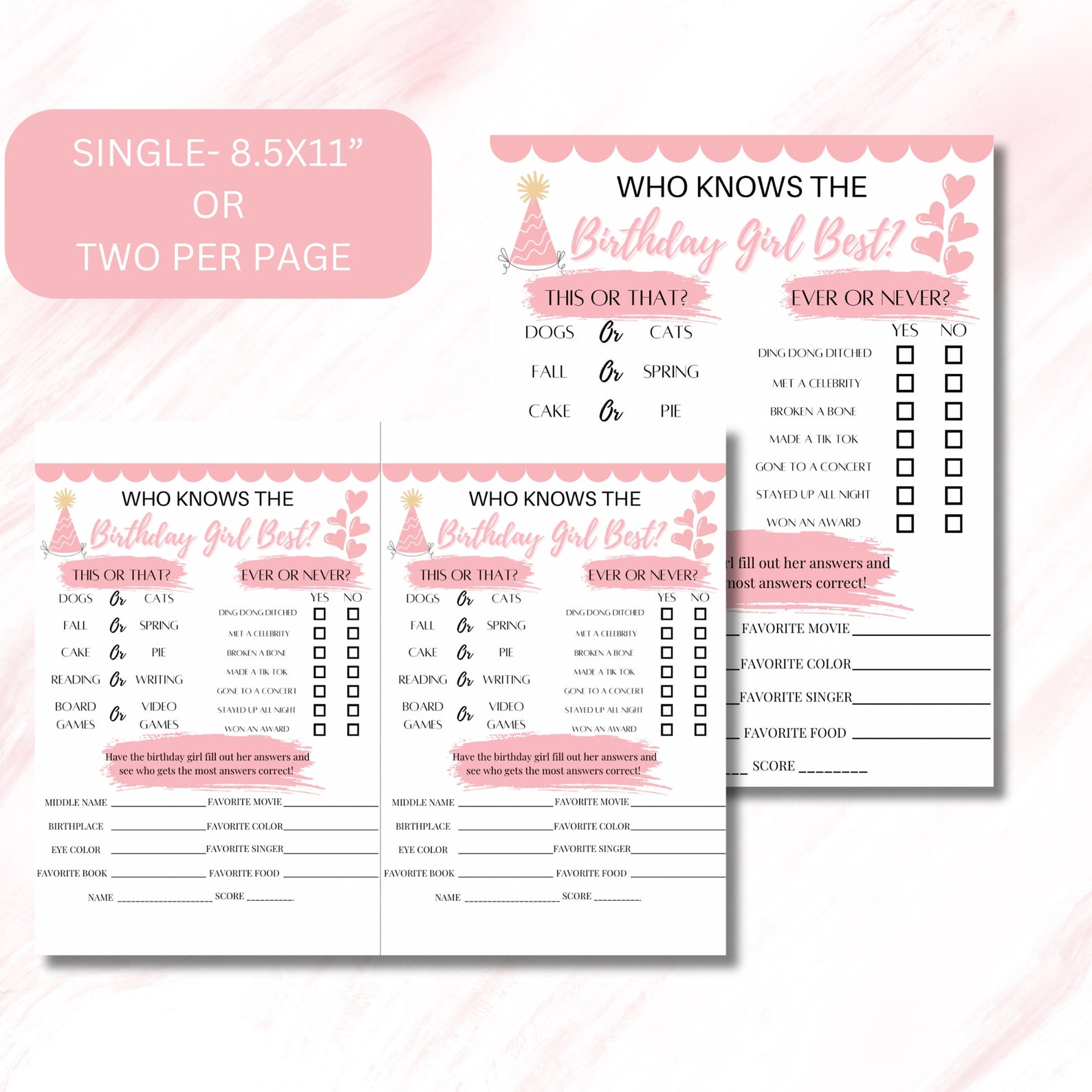 Who Knows the Birthday Girl Best, Editable Printable Pink Birthday Game ...