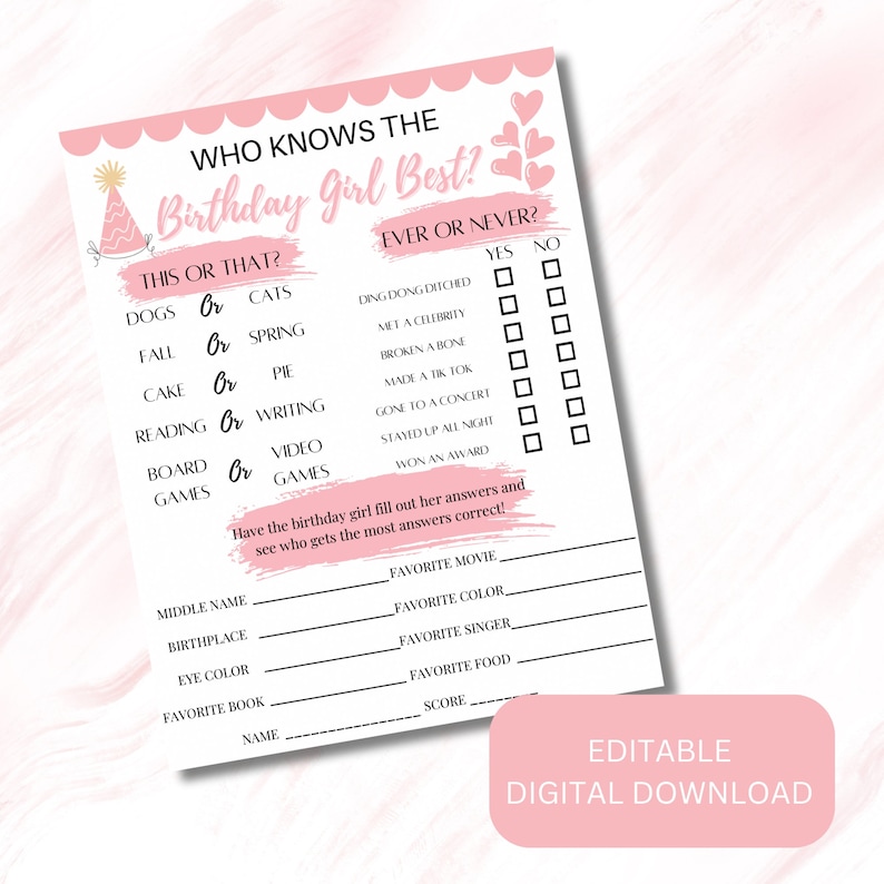 Who Knows the Birthday Girl Best, Editable Printable Pink Birthday Game ...