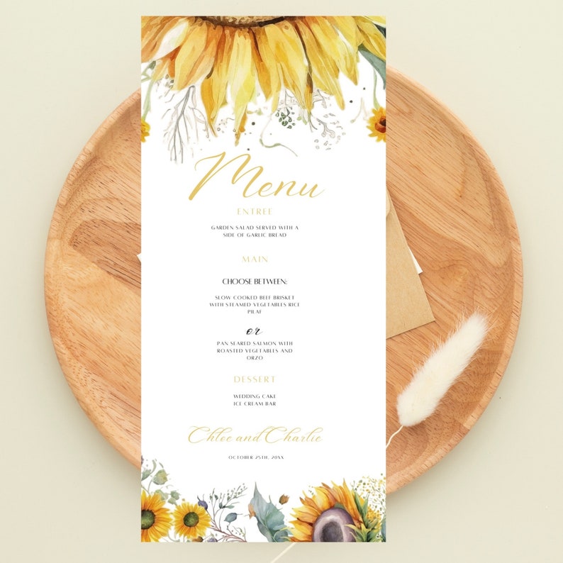 Sunflower Wedding Menu, Wedding Template Menu, Rustic Wedding, Canva ...