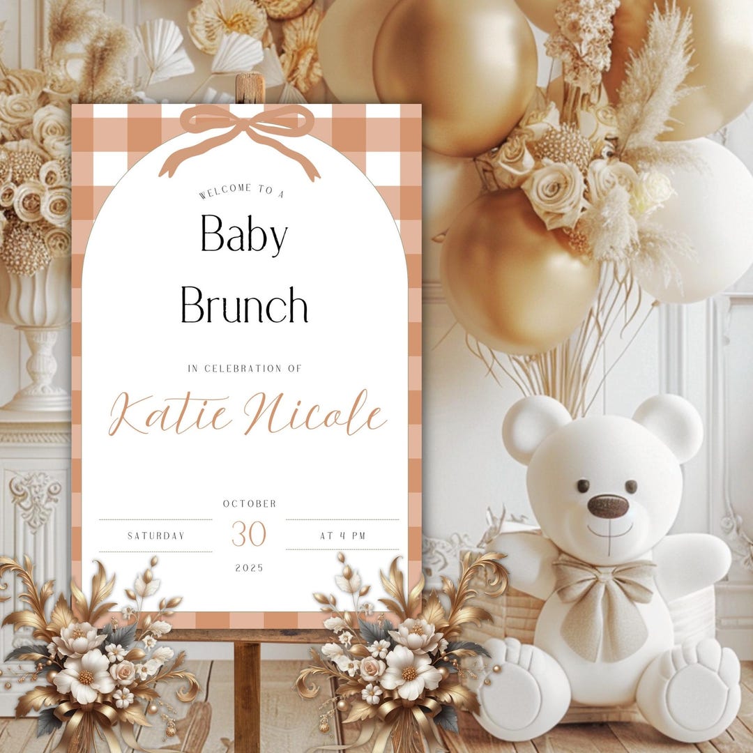 Editable Beige Gingham & Bow Baby Shower Welcome Signs, Checker Tan ...