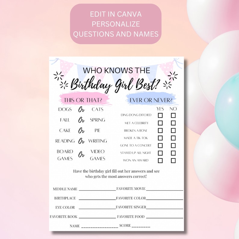 Birthday Girl Trivia Game: Pink & Blue Party Quiz (digital Download) - Etsy