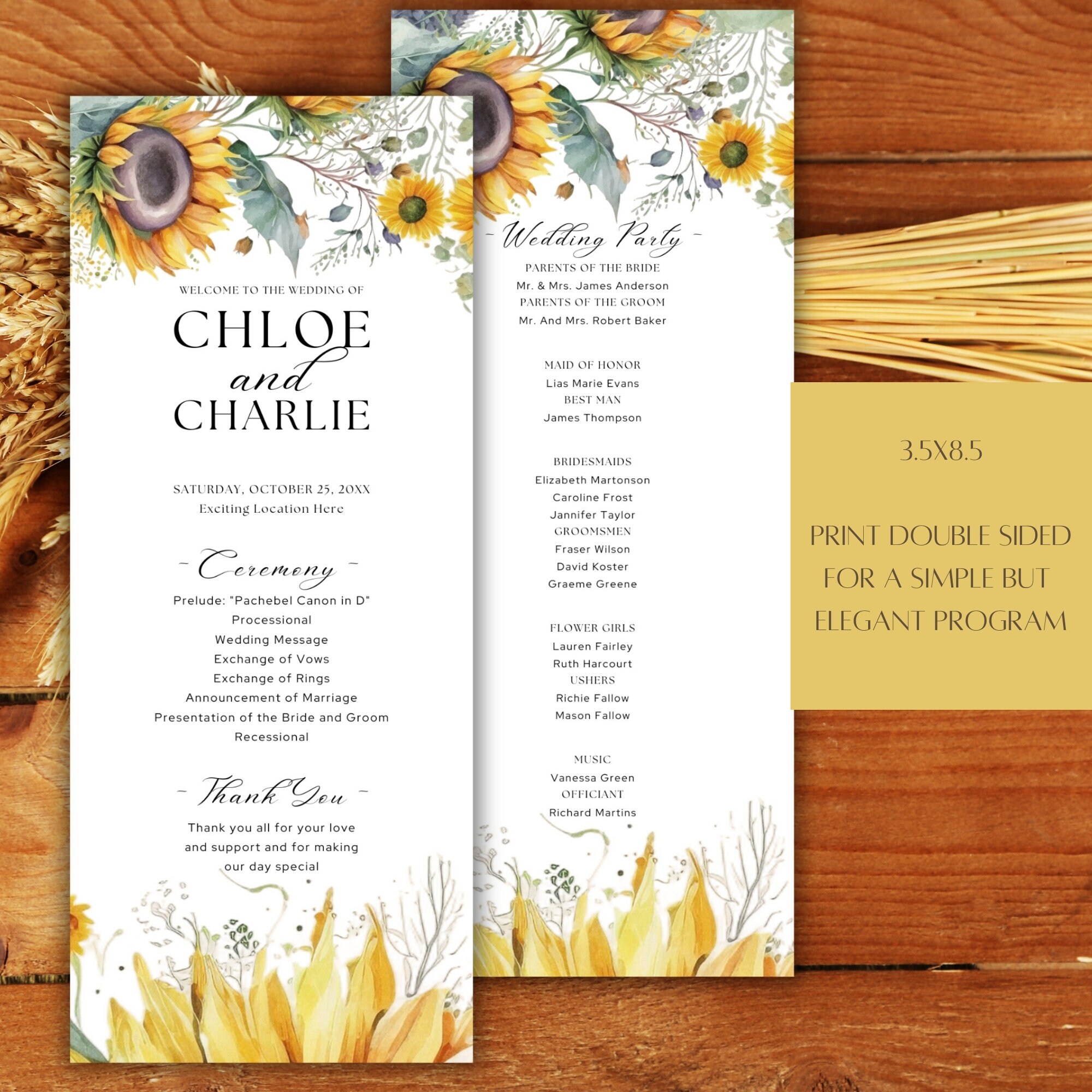Sunflower Wedding Program, Yellow Wedding Template Digital ...