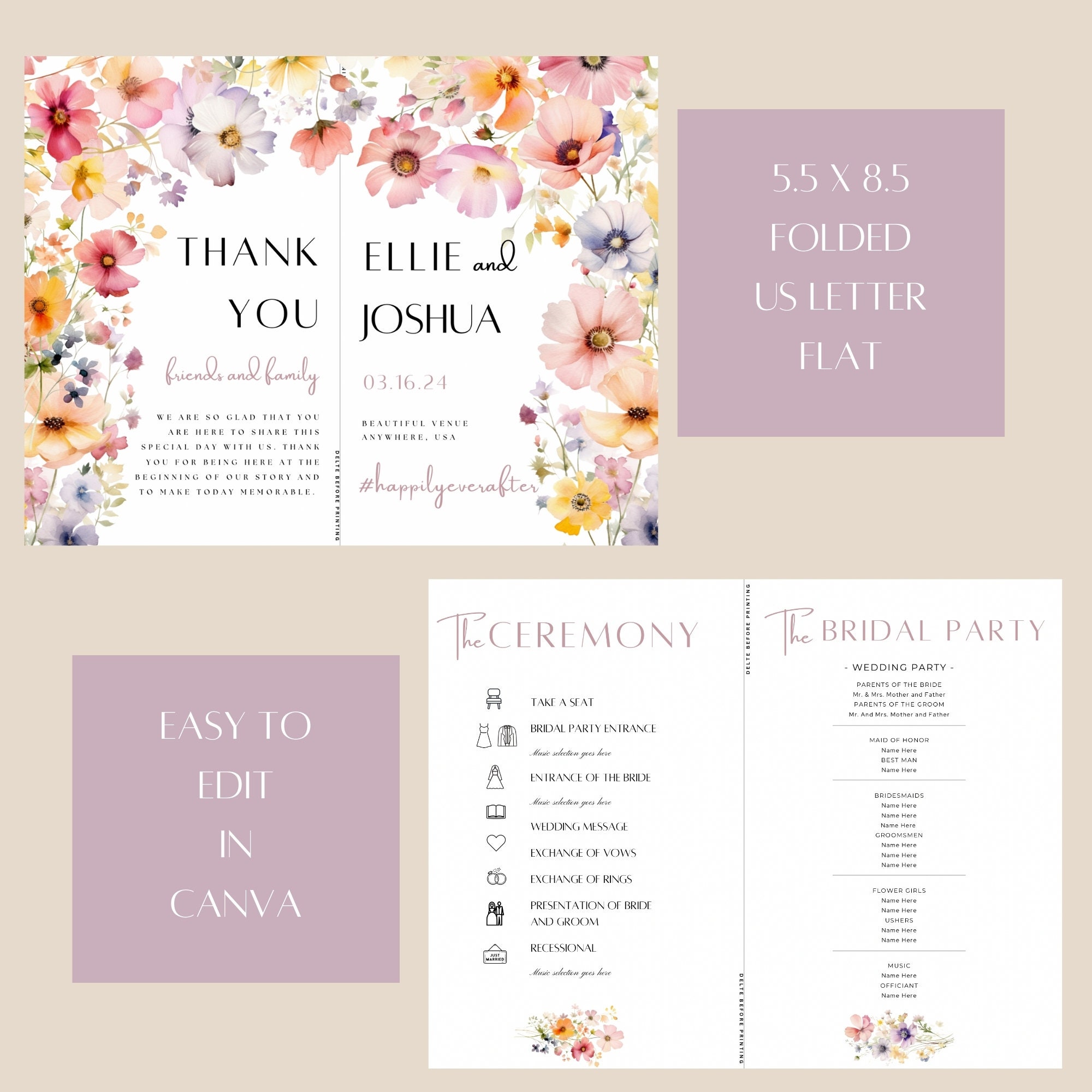 Church Wedding Program Template, Summer Wildflower Template,floral ...