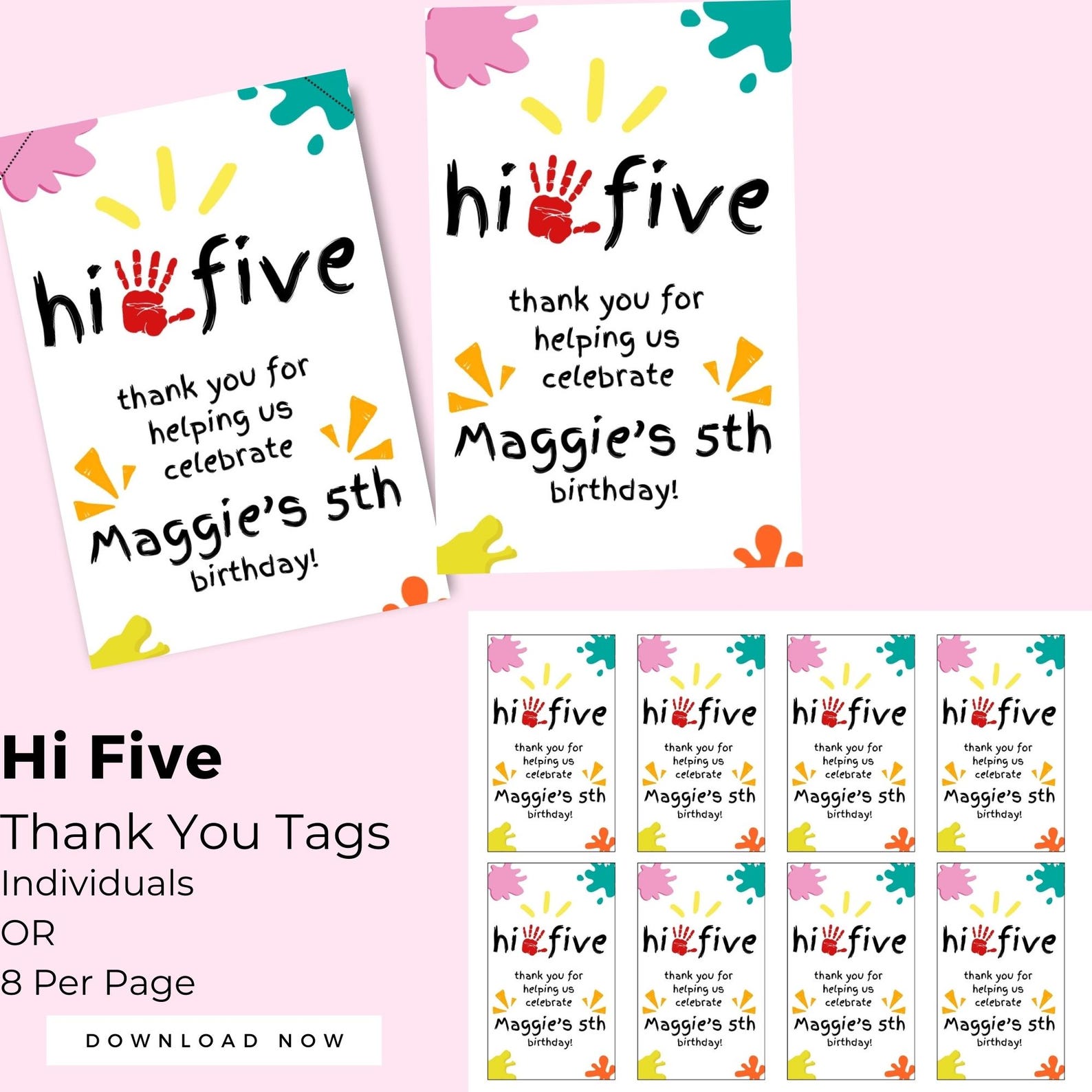 Hi-five 5th Birthday Thank You Tag: Colorful Canva Template (instant ...