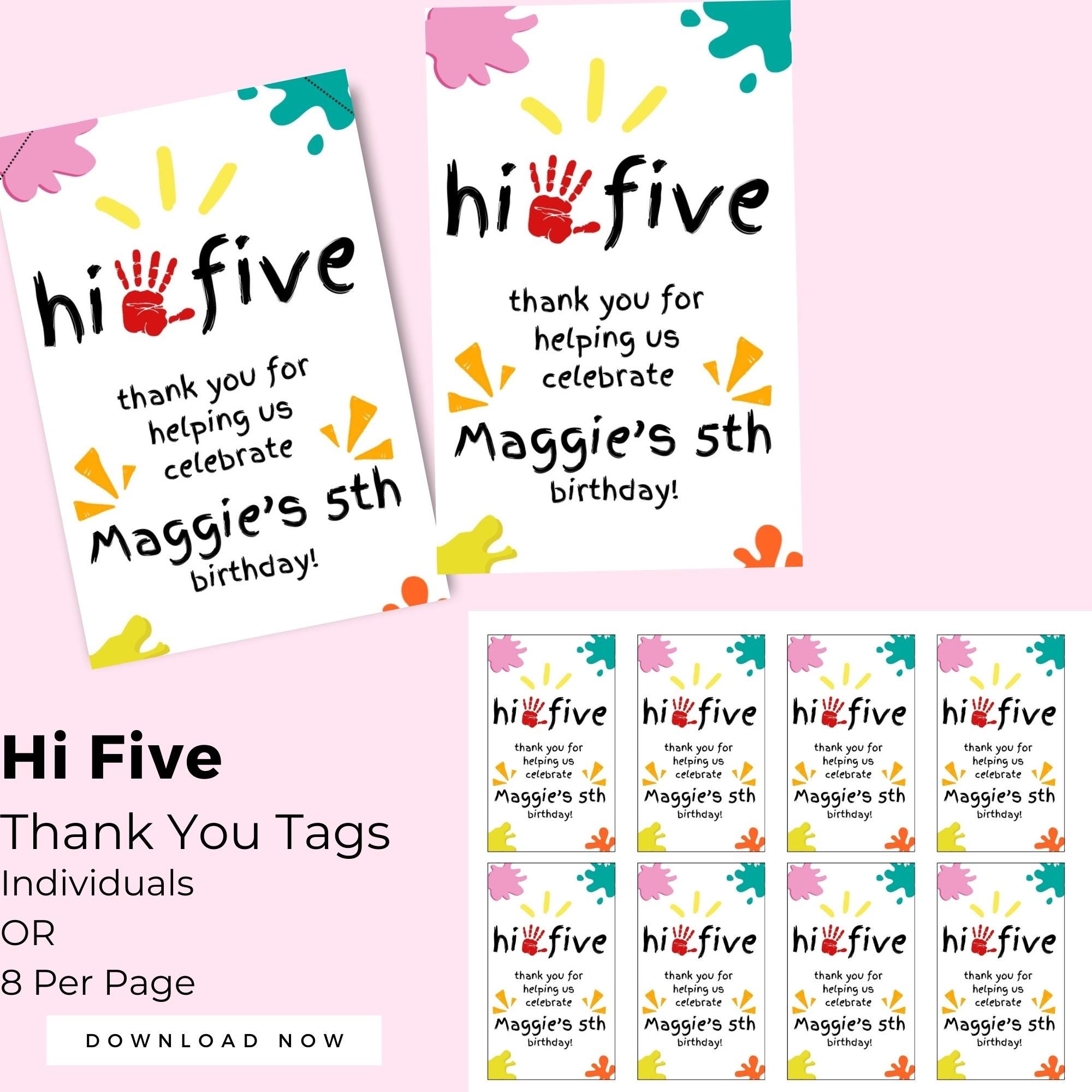 Hi-five 5th Birthday Thank You Tag: Colorful Canva Template (instant ...