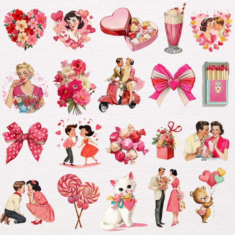 Vintage Retro Valentine’s Watercolor Clipart Bundle 100 1950s 1960s ...