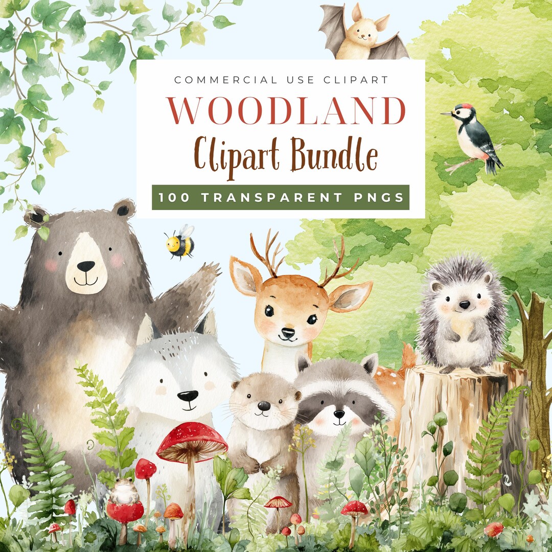 Watercolor Woodland Clipart Bundle Cute Forest Animal PNG Nursery ...